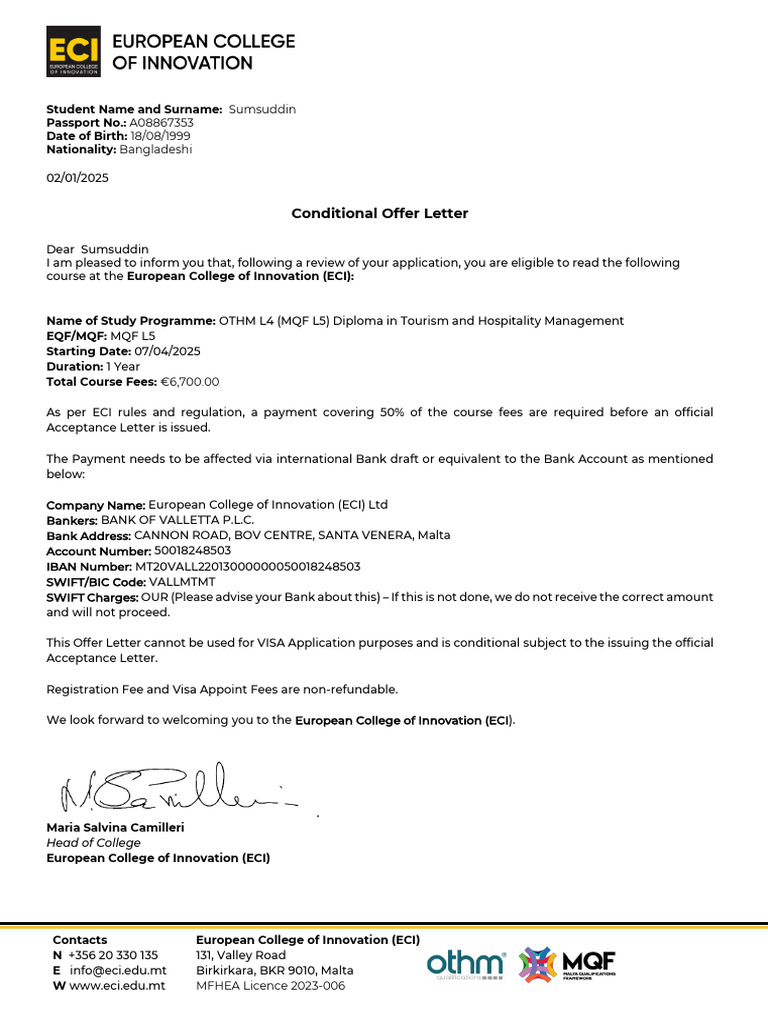 Conditional Offer Letter Malta | PDF