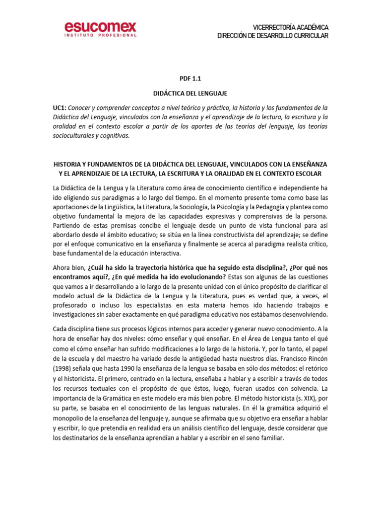 PDF 1.1 U1 DIDÁCTICA DEL LENGUAJE - DDLX0404 | PDF | Enseñando | Lingüística