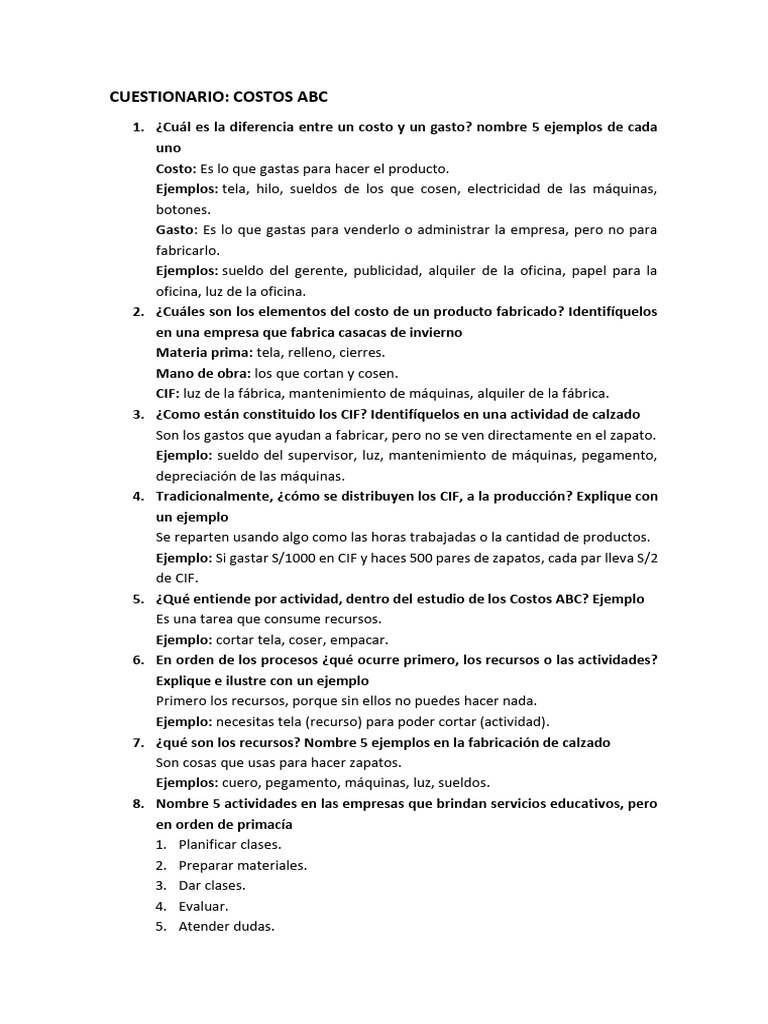Cuestionario: Costos Abc | PDF | Zapato | Economias