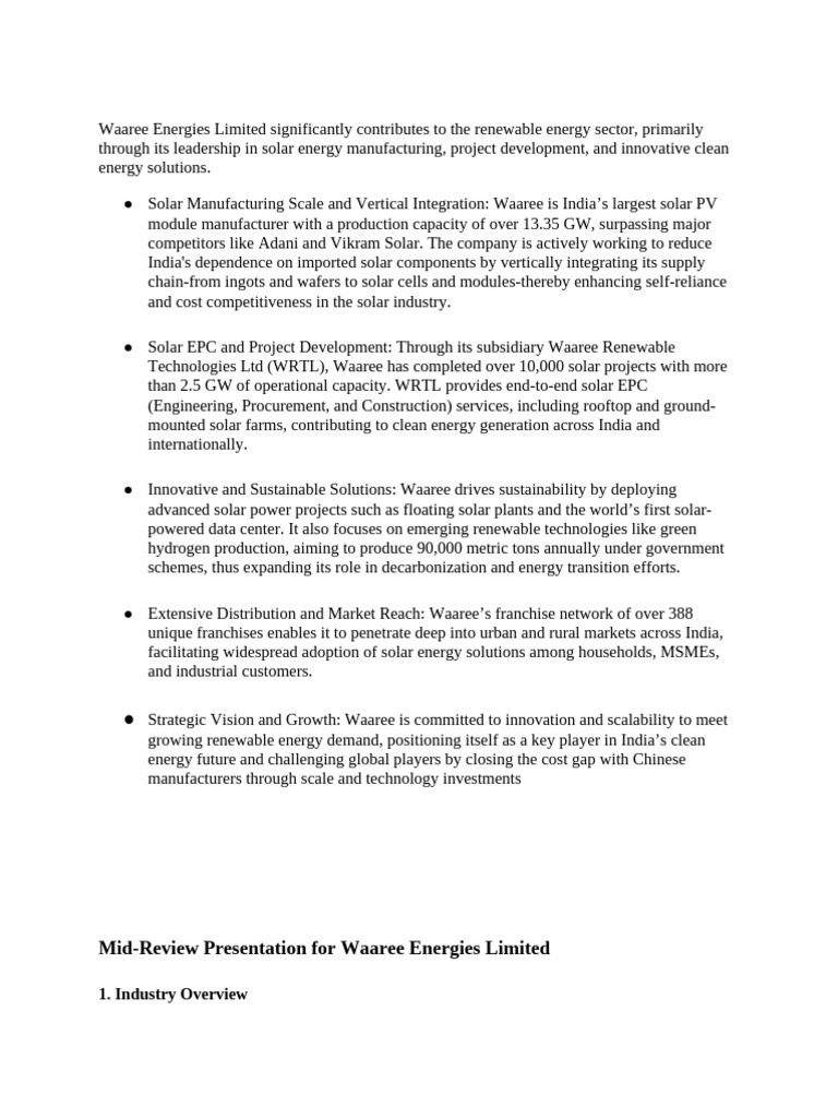 Mid-Review Presentation For Waaree Energies Limited: 1. Industry ...