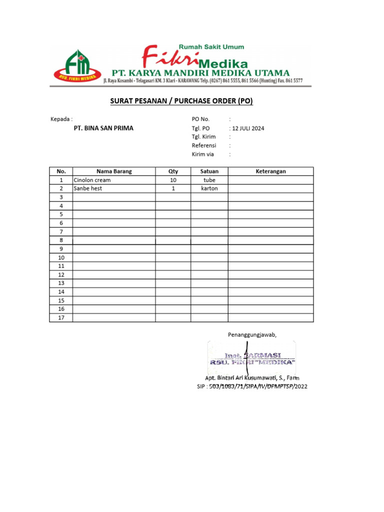 Contoh Surat Pesanan Obat Reguler | PDF