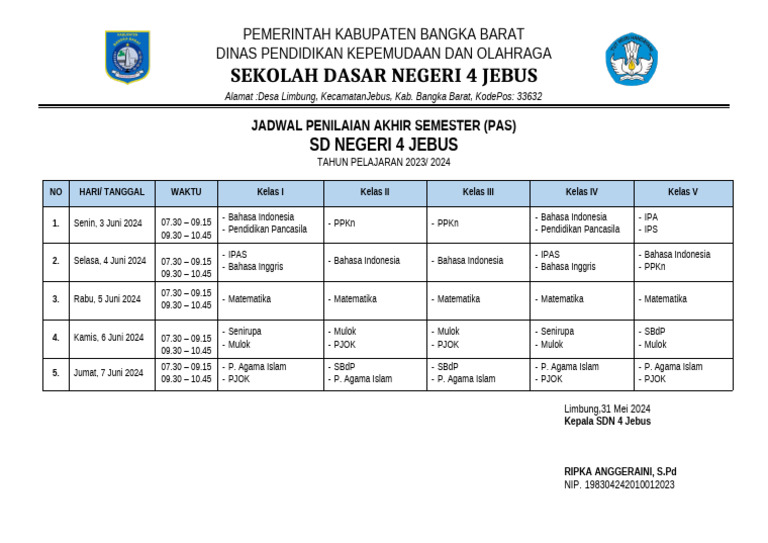 Jadwal PAS 2023 - 2024 | PDF