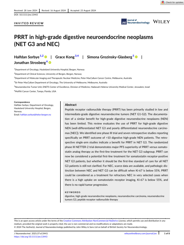 J Neuroendocrinology - 2024 - Sorbye - PRRT in High Grade Digestive ...