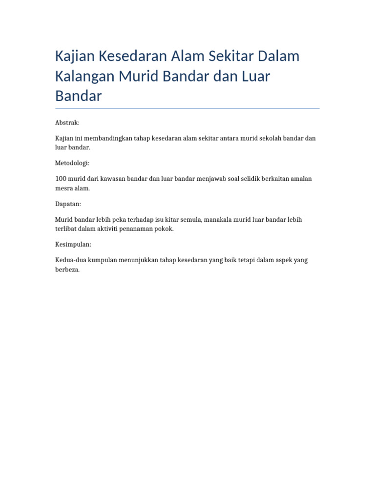Kajian Kesedaran Alam Sekitar Dalam Kalangan Murid Bandar Dan Luar ...
