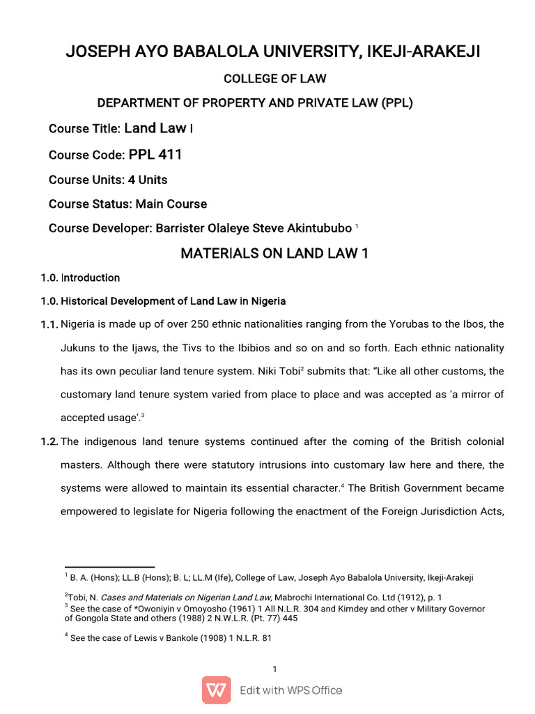 Updated Land Law I PPL 411 Course Material | PDF | Property | Adverse Possession