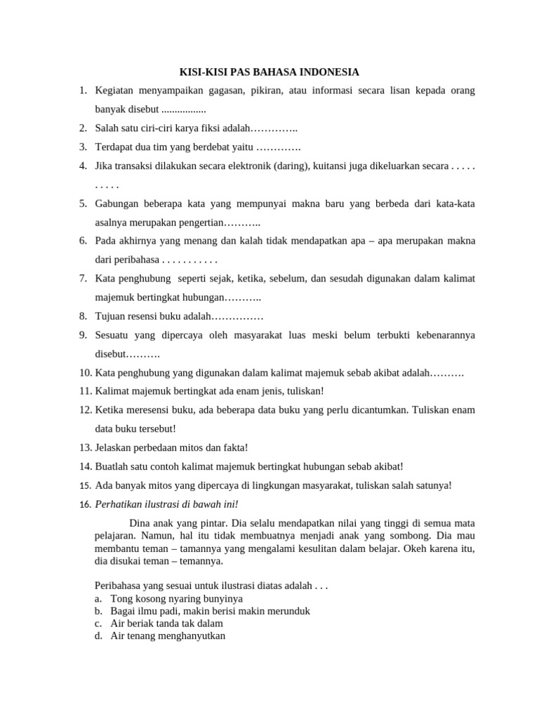 Kisi-Kisi Pas Dan Us Bindo Vi | PDF