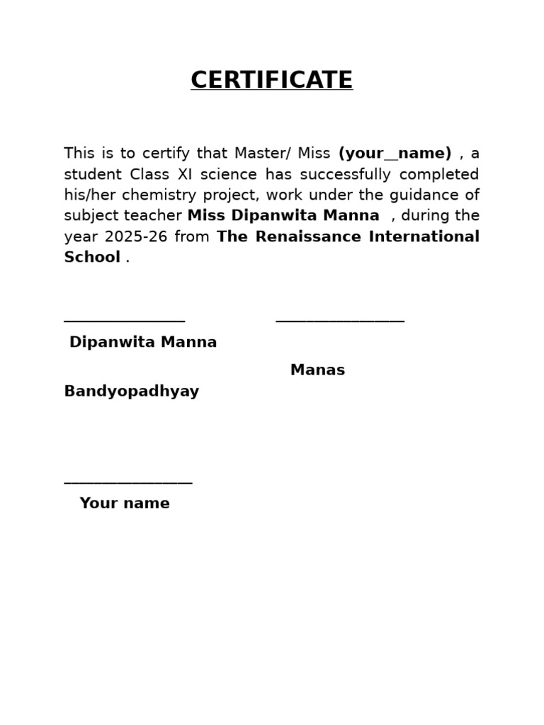 Class 11 Chemistry Project Certificate | PDF