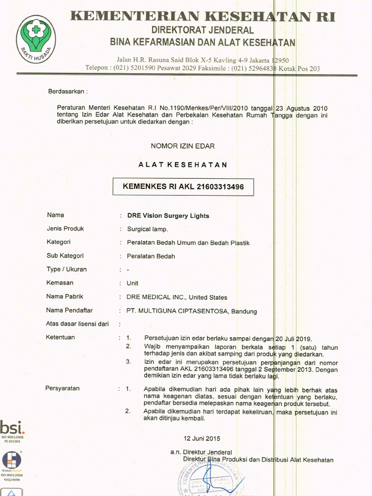 (Ijin Edar Alat Kesehatan) (Akl 21603313496) (Dre Vision Surgery Lights) (20 Juli 2019) | PDF