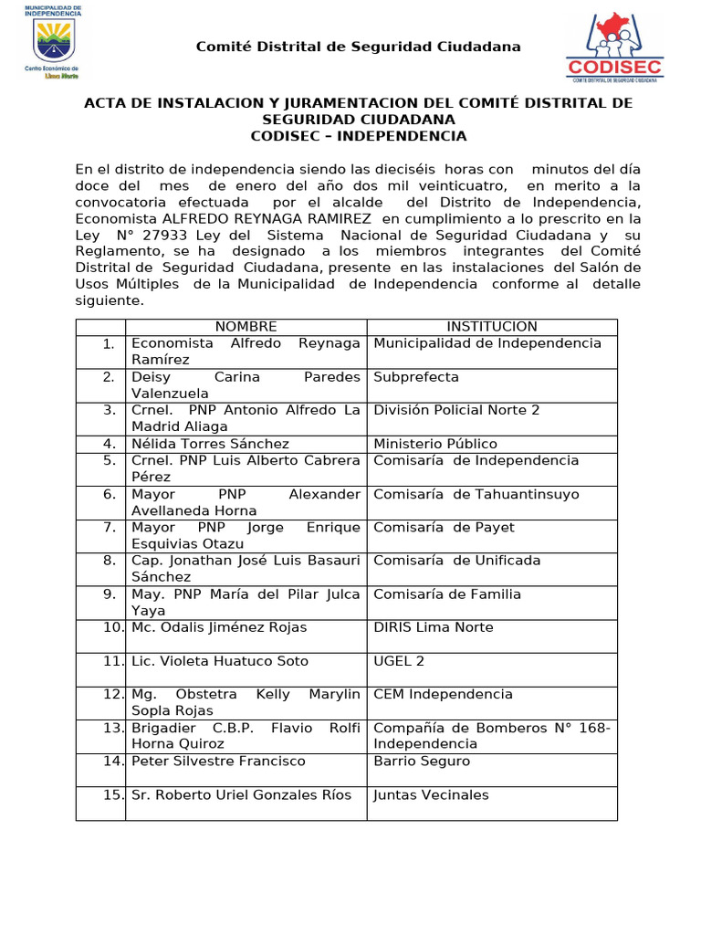 2024 Enero Acta de Instalacion y Juramentacion Codisec 2024 | PDF | Gobierno