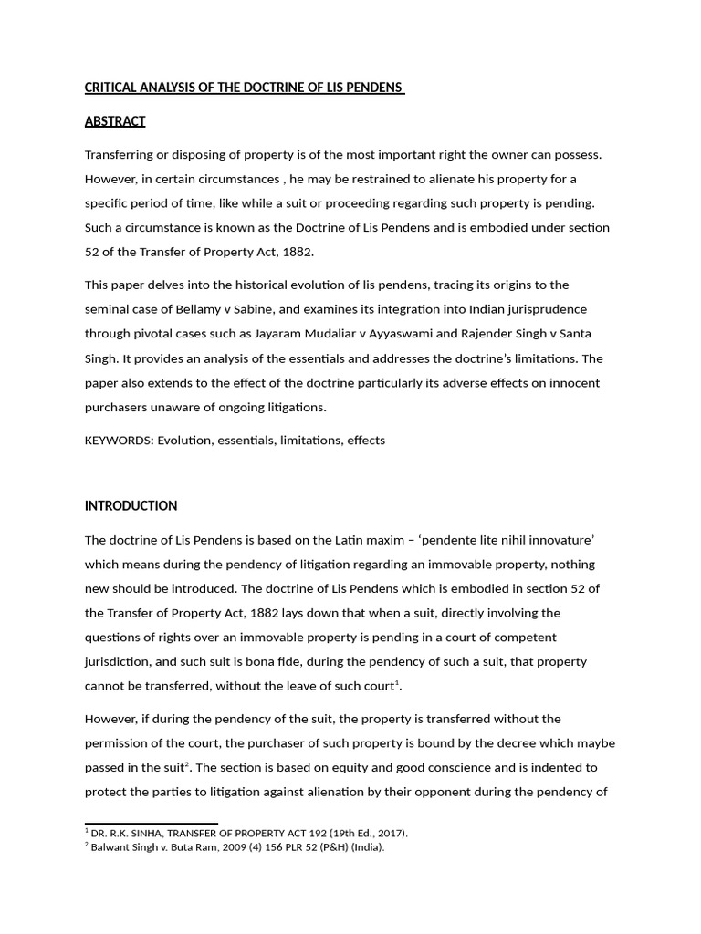 Critical Analysis of The Doctrine of Lis Pendens | PDF | Lawsuit | Property