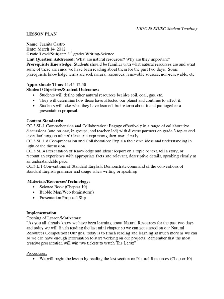 Grade 3 Natural Resources Lesson Plan | PDF | Reading Comprehension ...