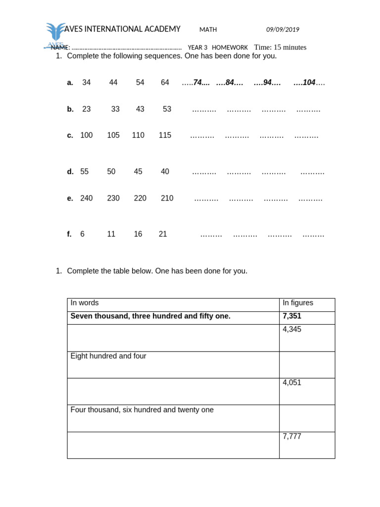 Year 3 Math Homework Worksheet | PDF