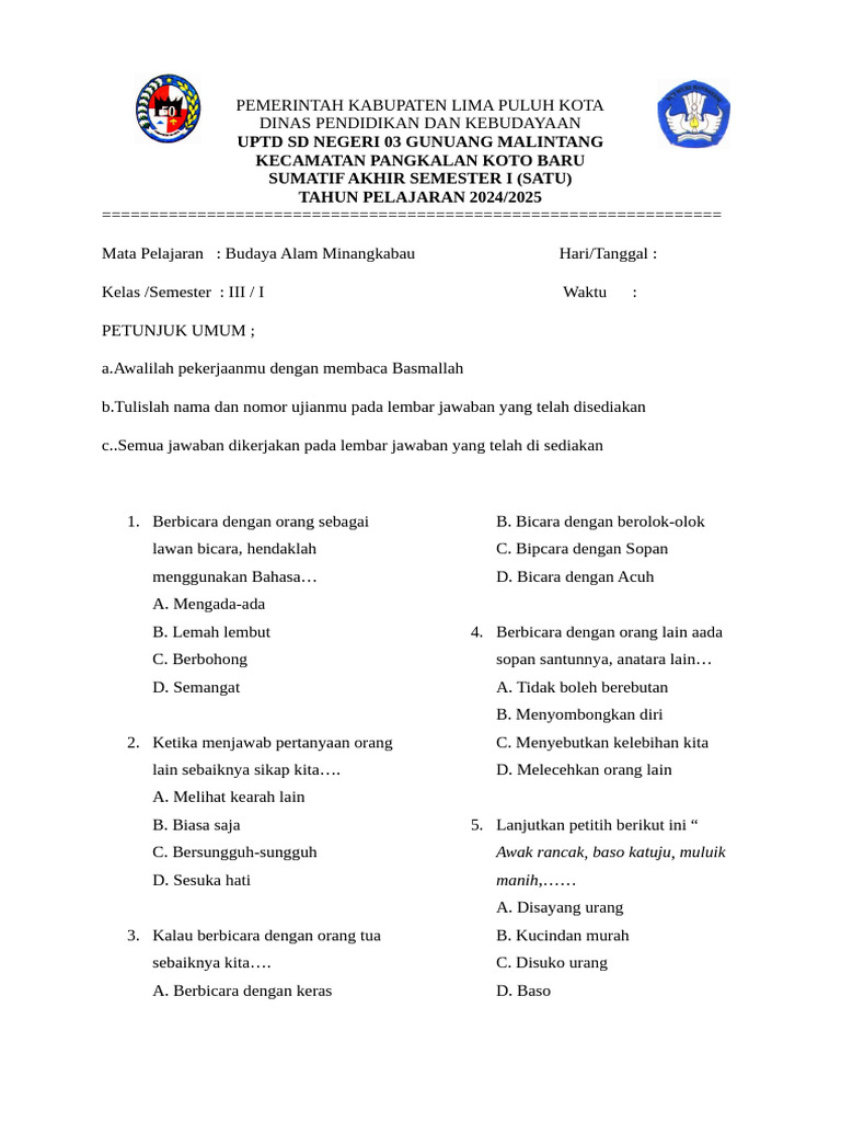 Soal Bam Kelas III | PDF