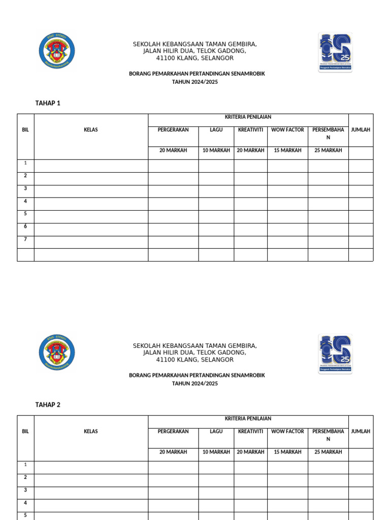 Borang Pemarkahan Pertandingan Senamrobik | PDF