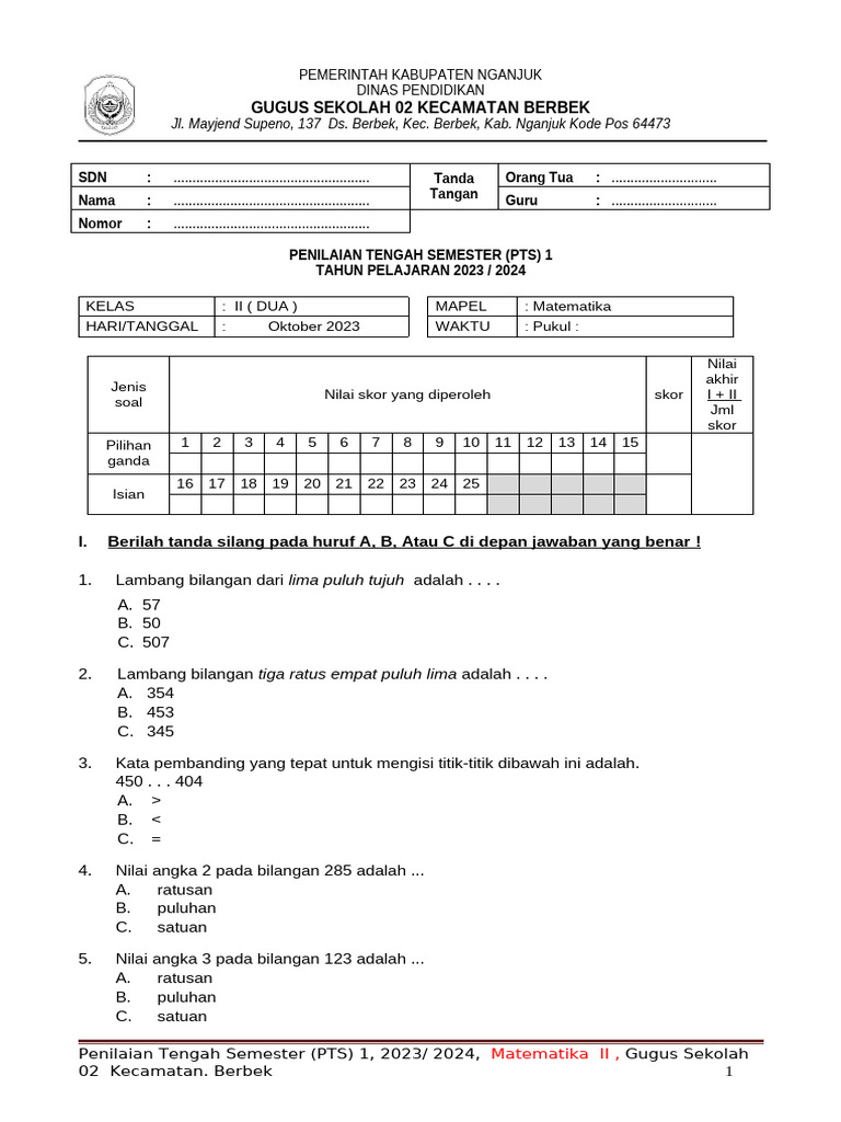 KELAS 2 SOAL PTS Semester 1 IKM_Matematika_Mlilir 2 | PDF