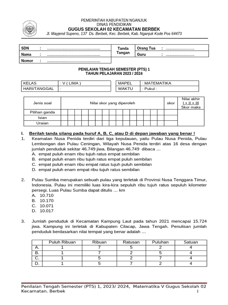 KELAS 5 Semester 1 SOAL PTS IKM - MATEMATIKA 2023 | PDF
