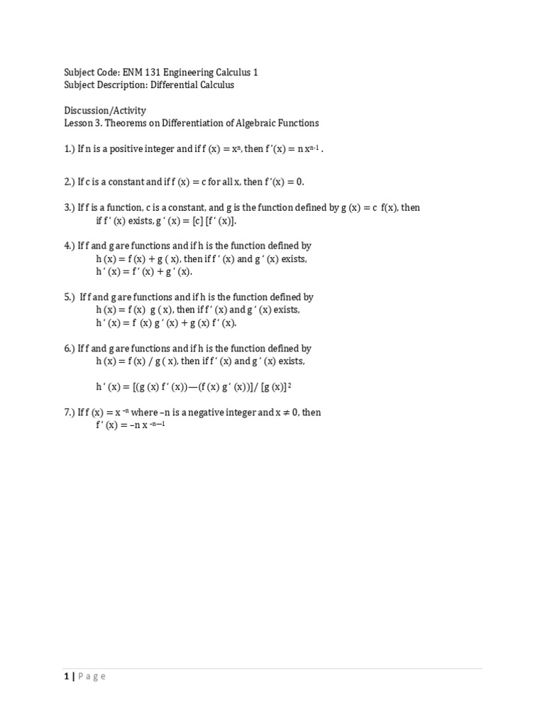 ENM 131 Lesson 3 Theorems On Differentiation of Algebraic Functions | PDF