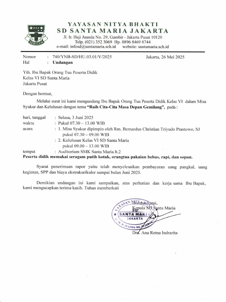 Undangan Kelulusan Siswa Kelas VI SD Santa Maria - 20250526 - 0001 | PDF