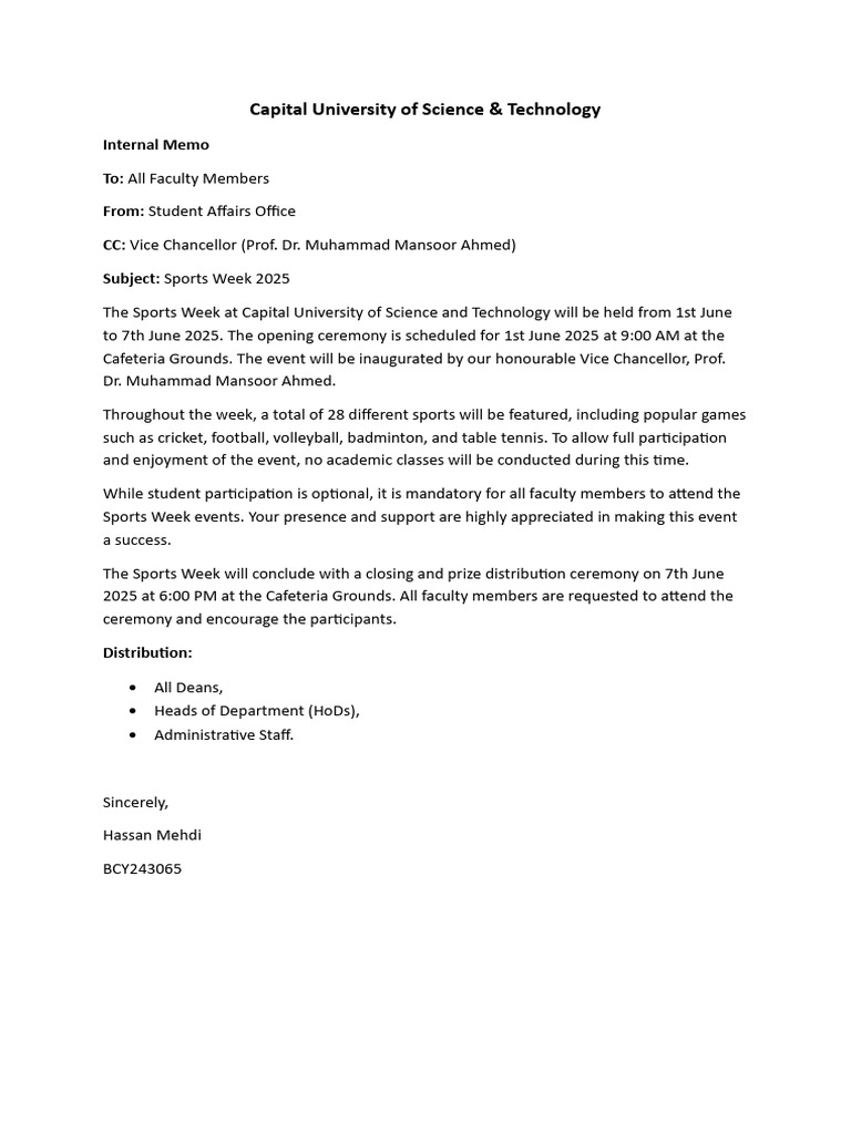 Capital University of Science & Technology: Internal Memo To: From: CC ...