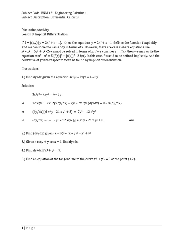 ENM 131 Lesson 8 Implicit Differentiation | PDF