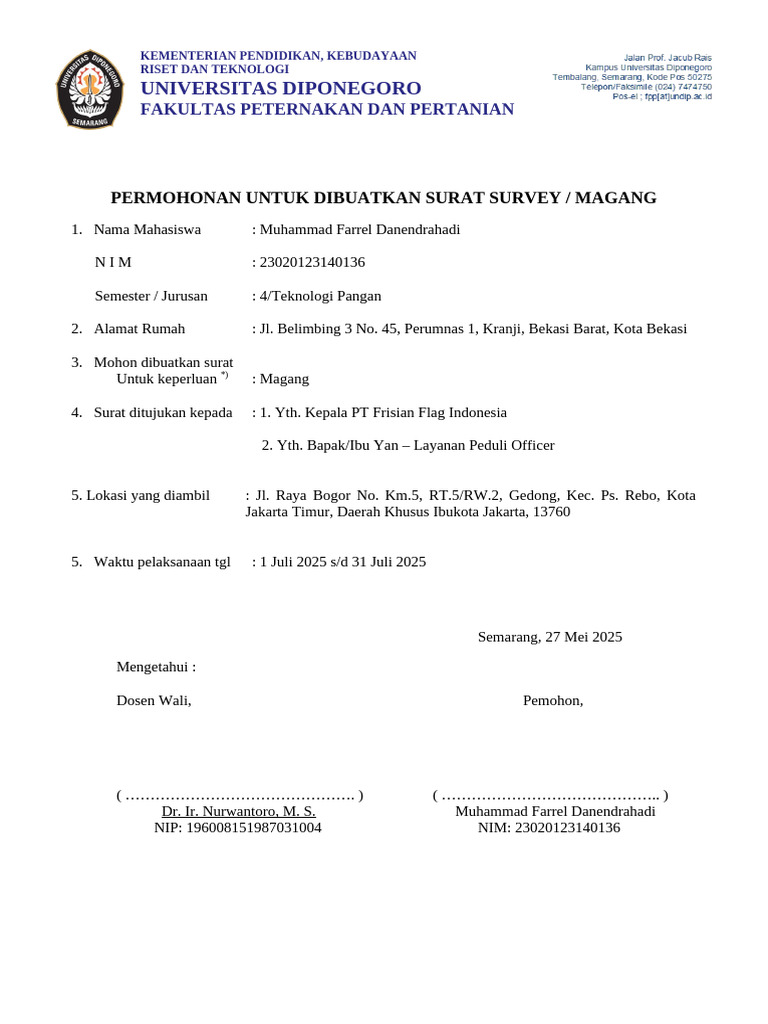 Muhammad Farrel Danendrahadi - Permohonan Surat Magang | PDF