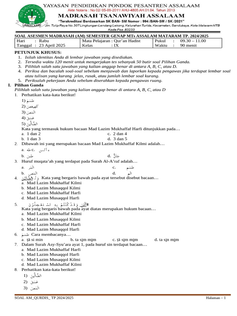 Soal Ujian Alquran Hadits Kelas Ix | PDF