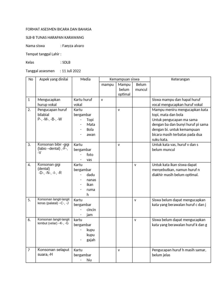 asesmen kelas 1 sdlb-b | PDF