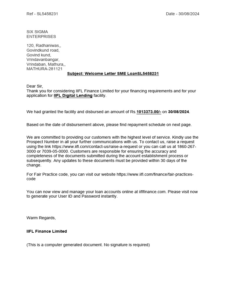 IIFL - SL5458231 - Welcome Letter | PDF | Loans | Interest
