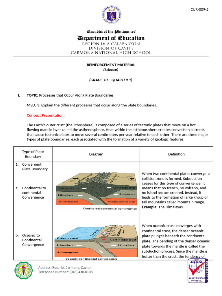 MELC 3-Reinforcement Material | PDF | Plate Tectonics | Structural Geology