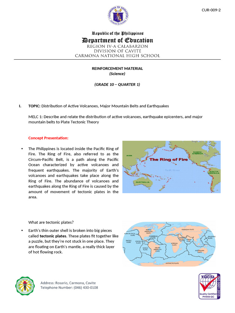 MELC 1-Reinforcement Material | PDF | Plate Tectonics | Volcano