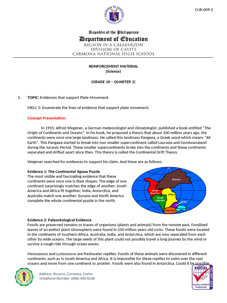 MELC 5-Reinforcement Material | PDF | Plate Tectonics | Continent