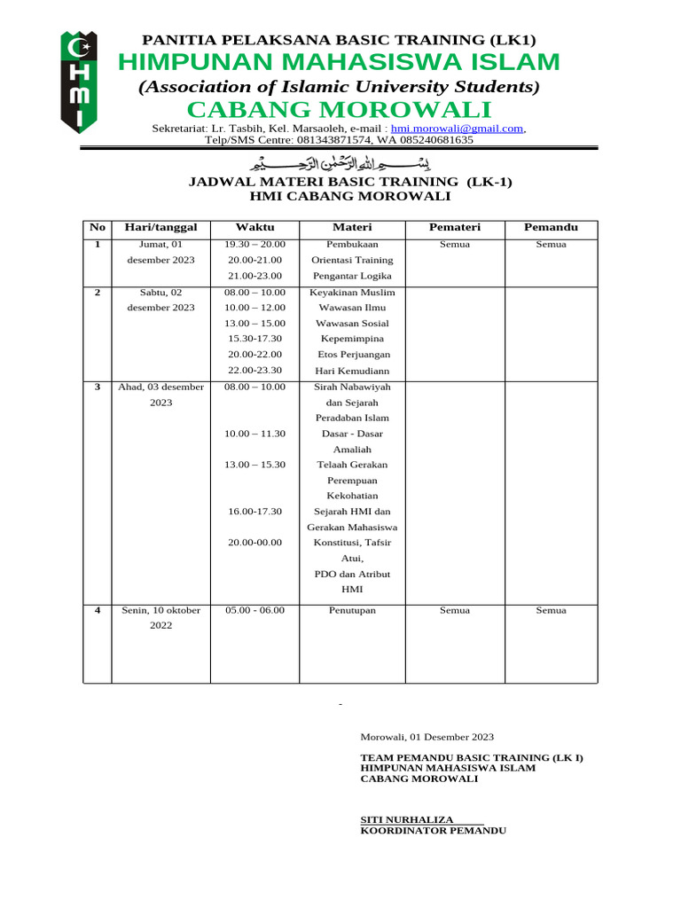 Jadwal Materi Basic Training | PDF