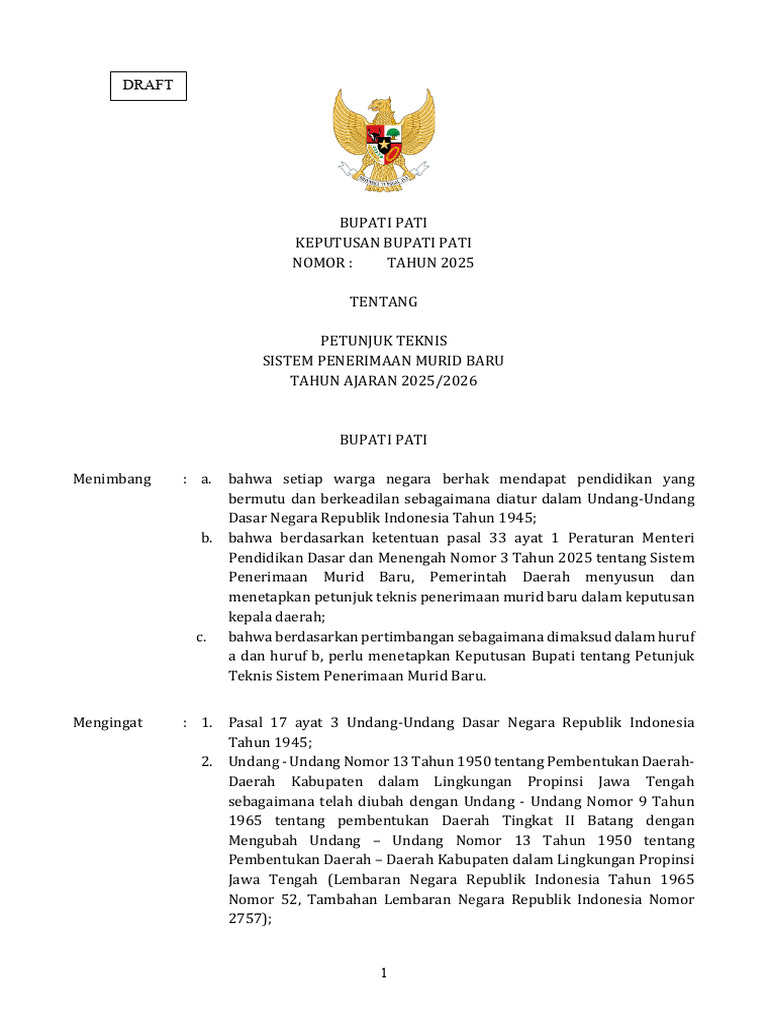 Draft SK Bup Juknis SPMB 2025 | PDF