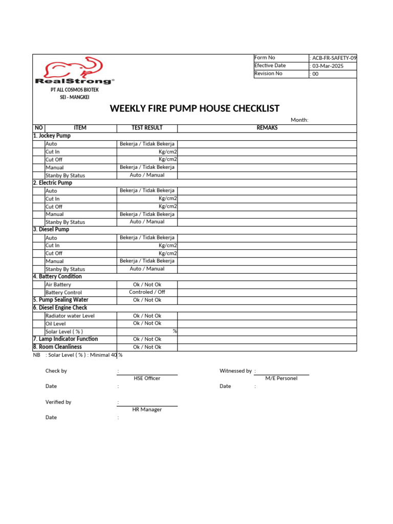 Weekly Fire Pump House Checklist | PDF