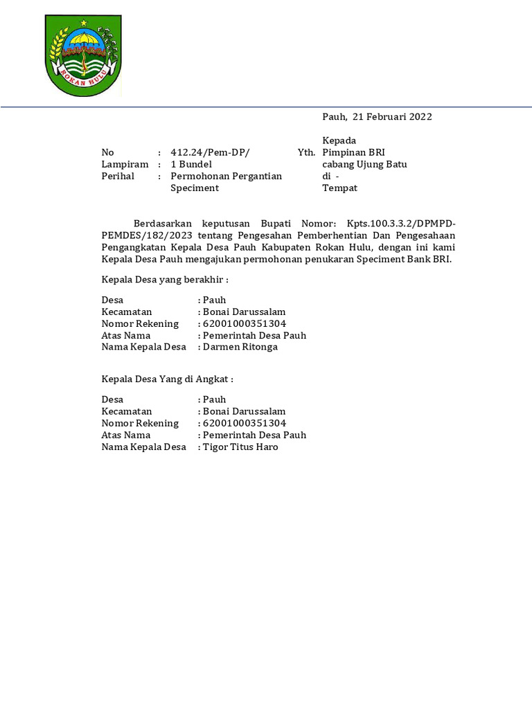 Permohonan Pergantian Speciment Bank 1 | PDF