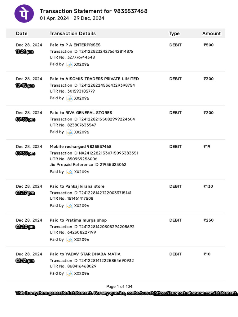 PhonePe Statement Apr2024 Dec2024 | PDF | Debit Card | Debits And Credits