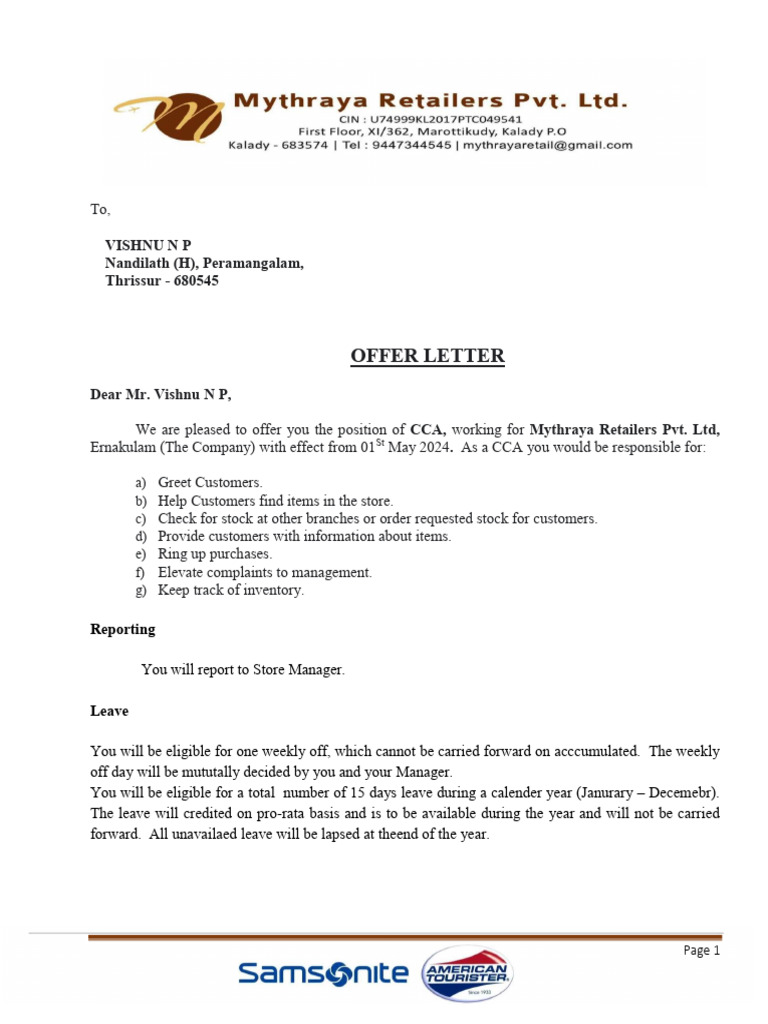 Offer Letter - Vishnu TSR | PDF | Taxes | Private Law