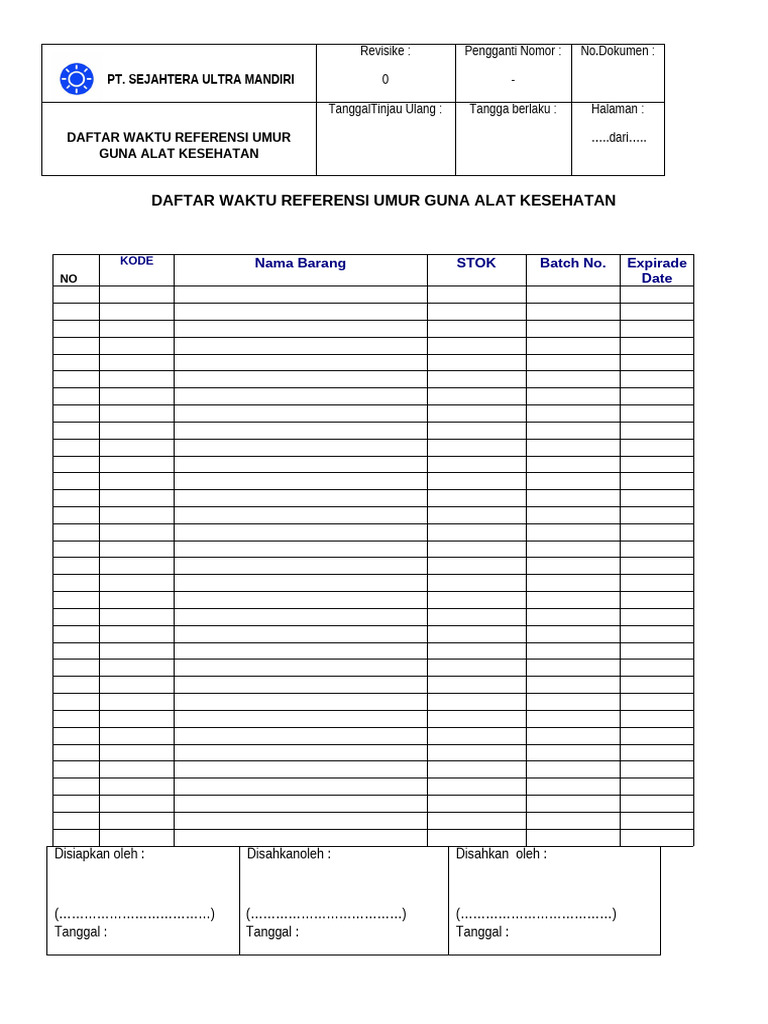 Form Daftar Waktu Referensi Umur Guna Alat Kesehatan | PDF
