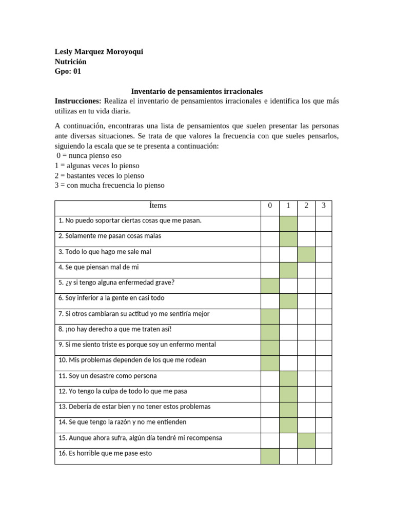 Inventario de Pensamientos Irracionales | PDF