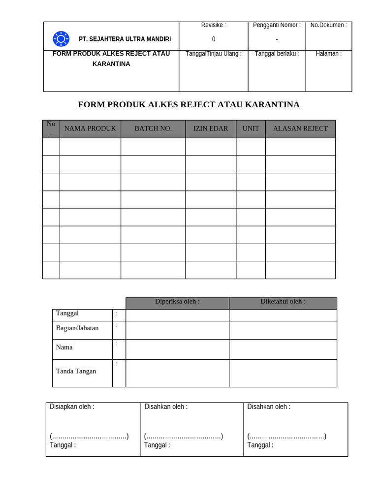Formulir Reject Produk Alkes | PDF