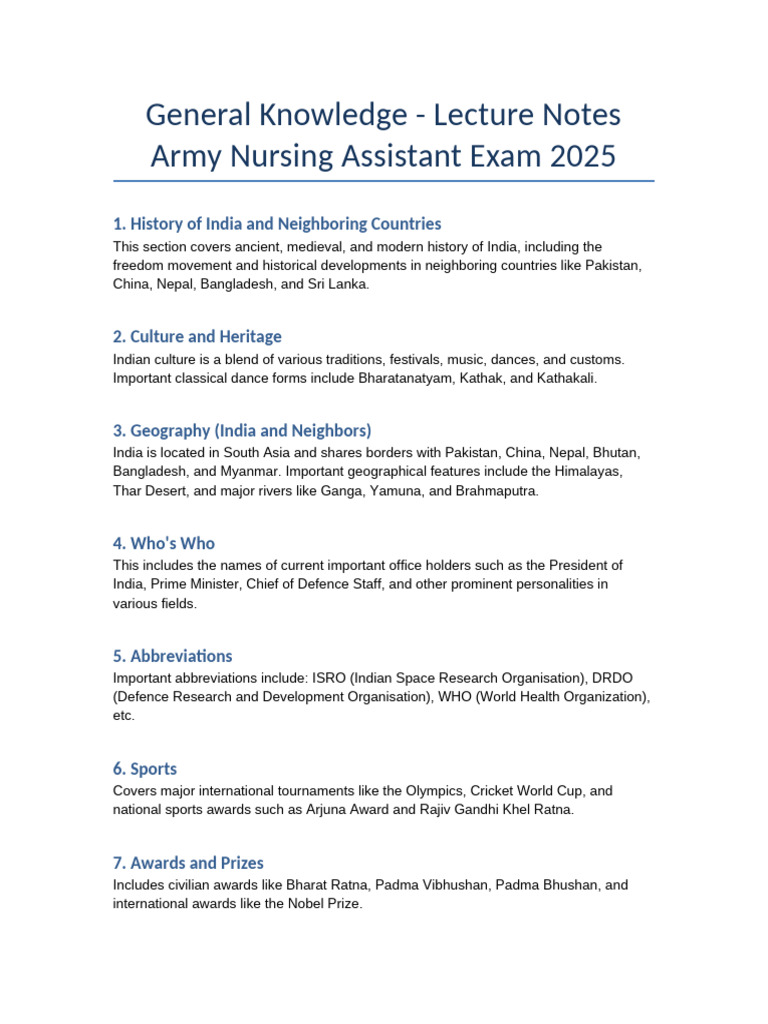 General Knowledge Lecture Notes Army NA 2025 | PDF