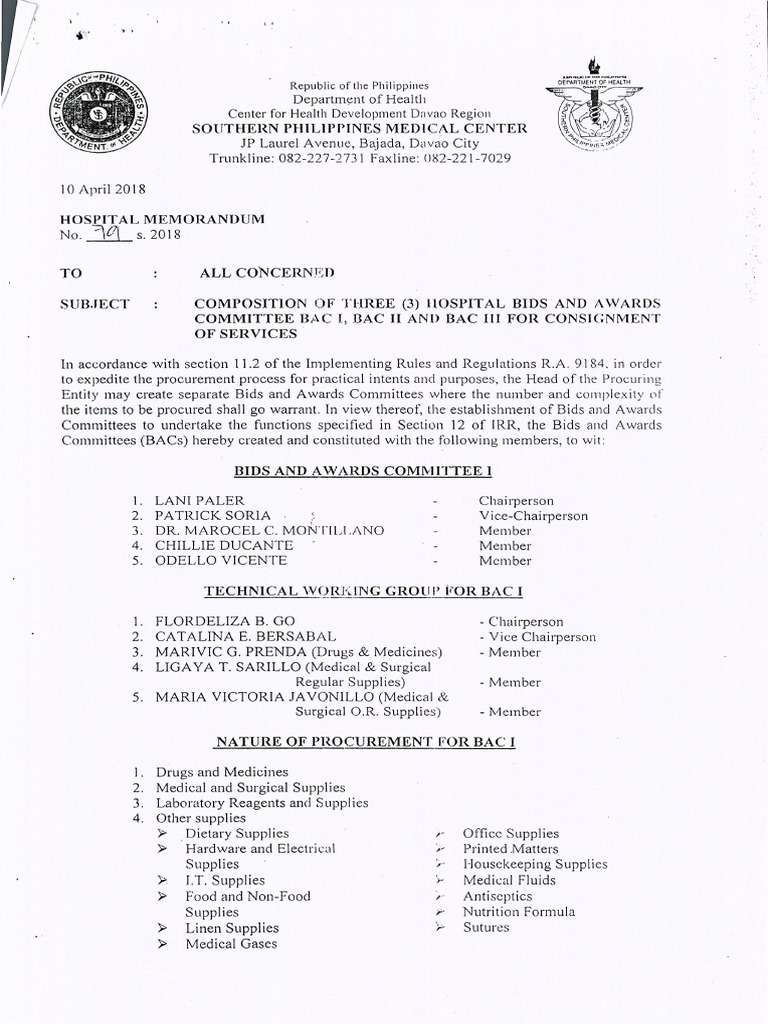 SPMC Hospital Memorandum - BAC 2018 | PDF