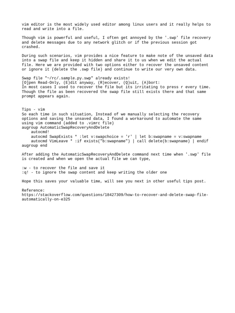 Automating Vim Swap File Recovery | PDF