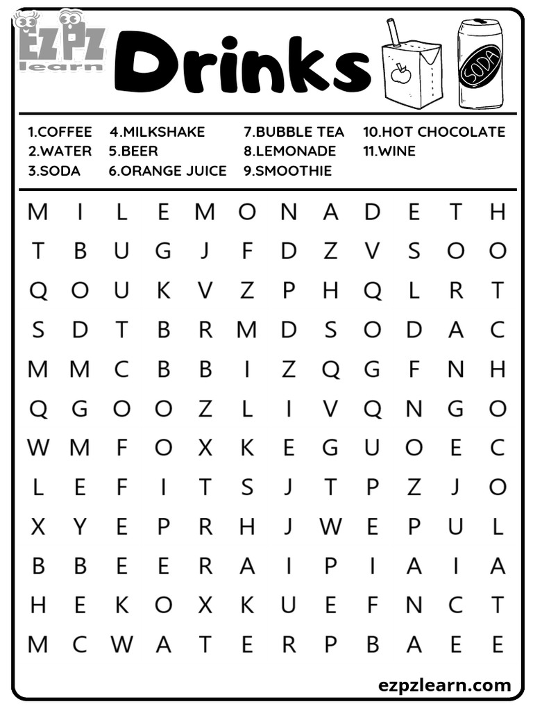 31 Drinks Word Search 11 Words | PDF