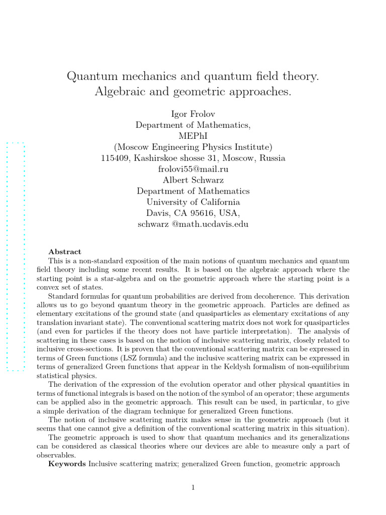 Quantum Mechanics and Quantum Field Theory. Algebraic and Geometric Approaches | PDF | Matrix ...