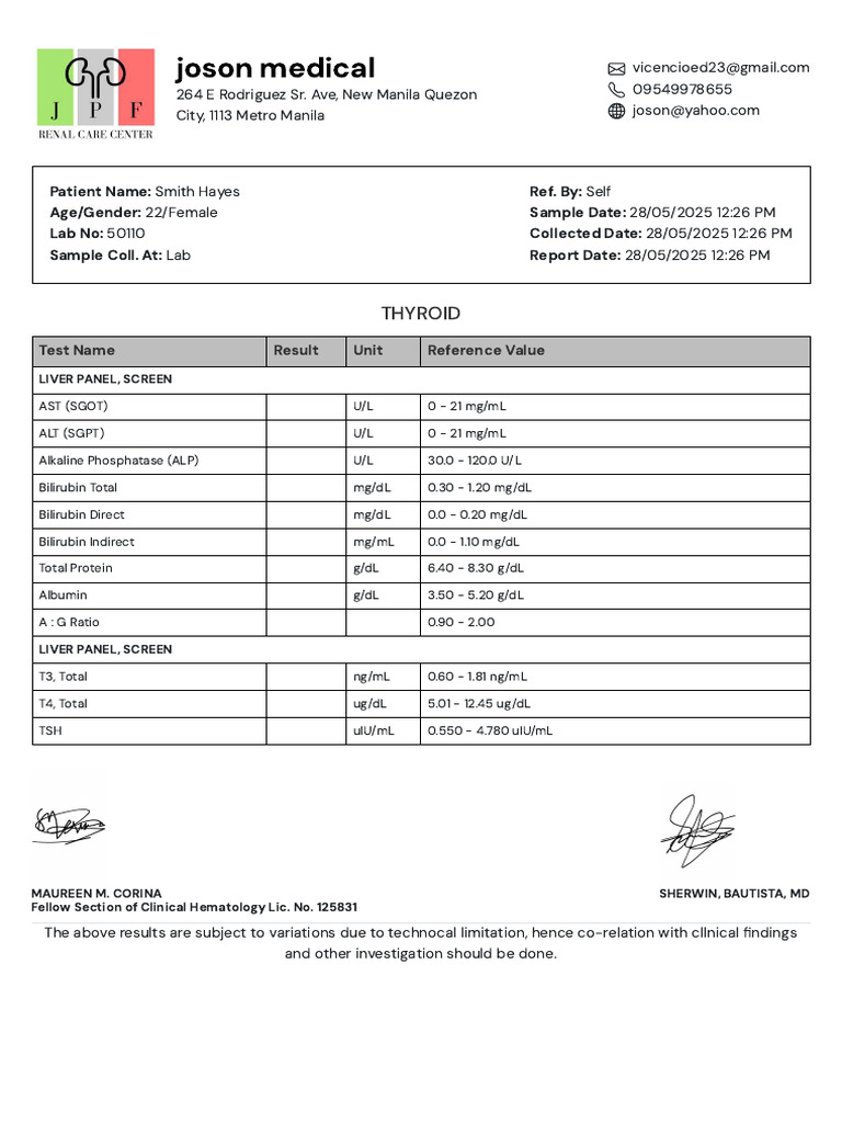 Thyroid and Liver Panel Results for Smith Hayes | PDF