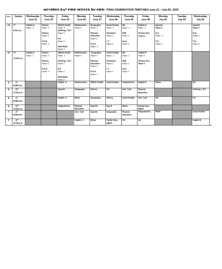 Final Examination Timetable June 21 - July 05, 2023 | PDF