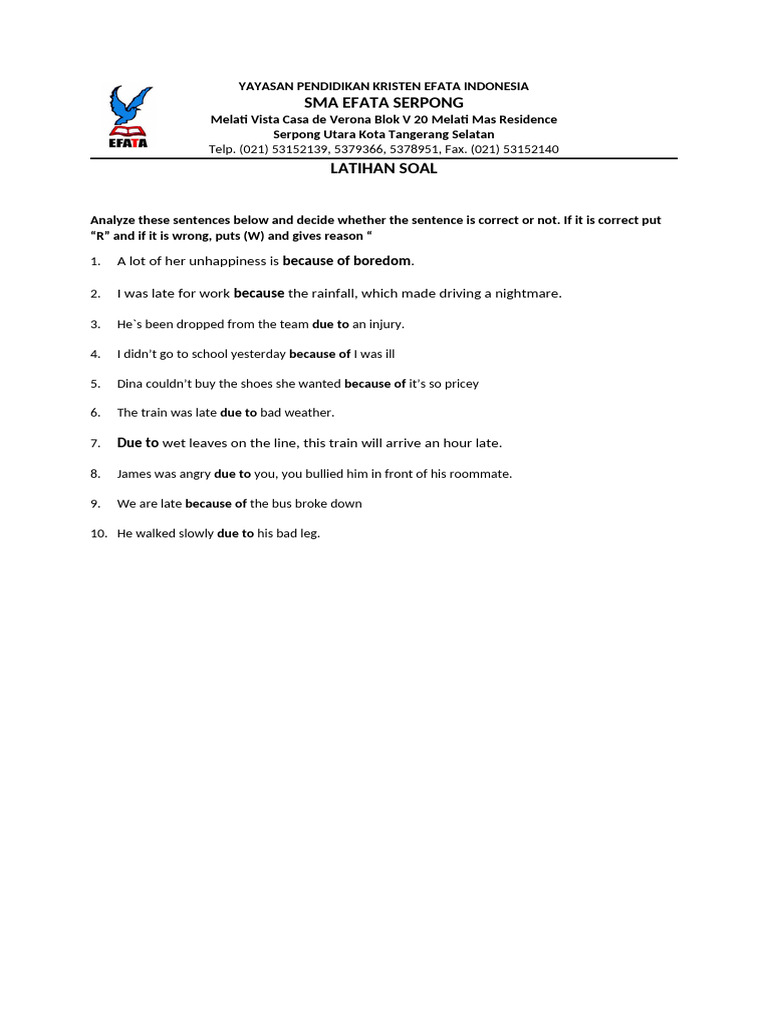Latihan Because, Because Of, Due To | PDF