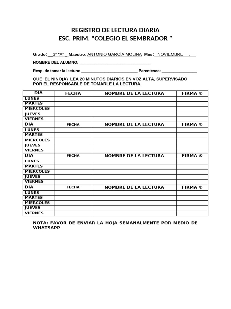 Registro de Lectura Diaria | PDF