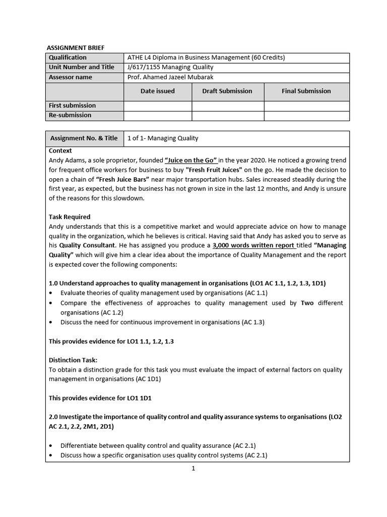 ATHE L4 Managing Quality Final Assignment Brief (Oct.20) | PDF ...